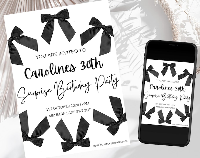 Black Bow Birthday Invitation Template Bow Theme Party Invitation With ...