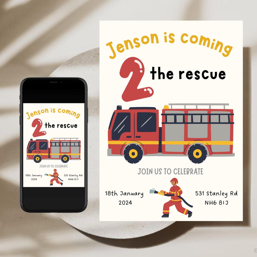 2 the Rescue Firefighter Theme Party Invitation for Boys 2nd Birthday ...