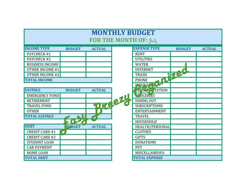 Printable Budget Template Simple Download Blue Green - Etsy
