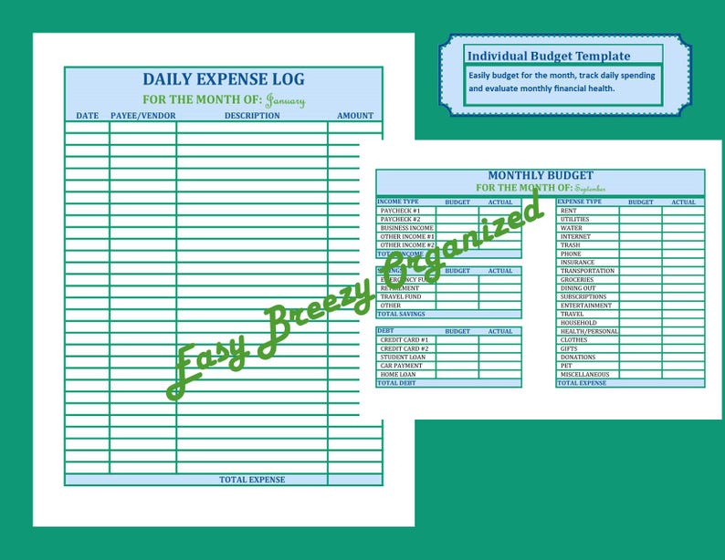 Printable Budget Template Simple Download Blue Green - Etsy