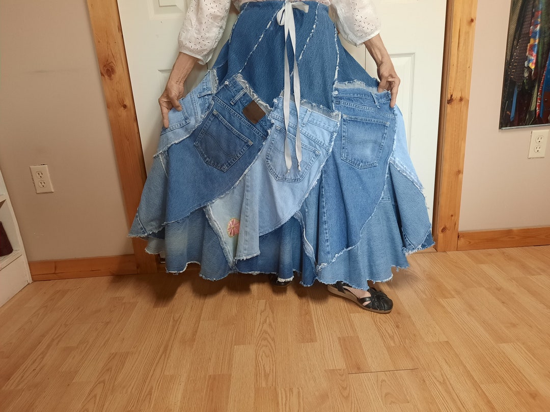 Long Recycled Denim Skirt, Long Upcycled Jean Skirt, Adjustable Waist ...