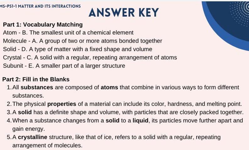 Science Worksheet for Grade 6 Students : MS-PS1-1 Matter and Its ...