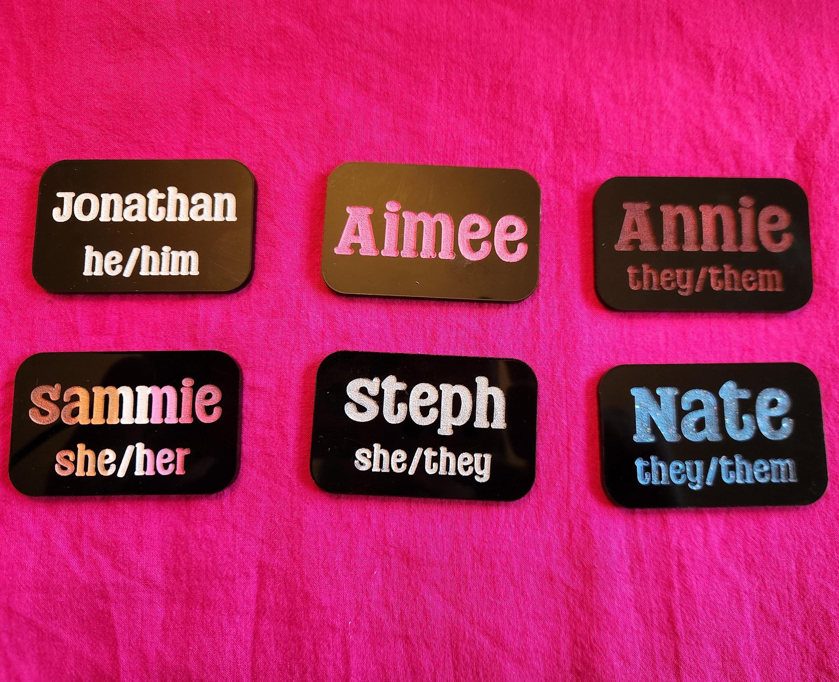 Personalized Name and Pronoun Badge - Black or White - Magnet or Pin - Etsy