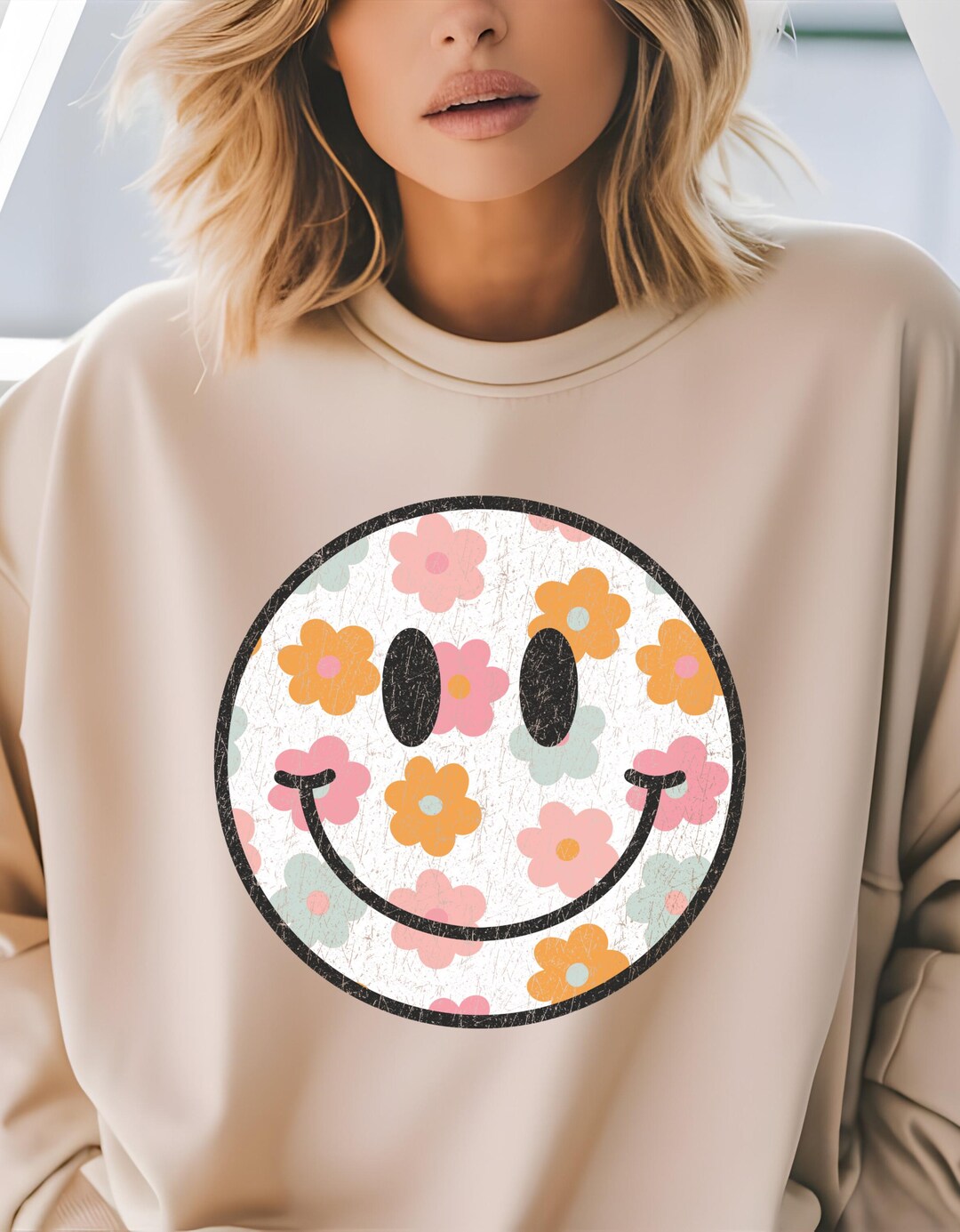 Smiley Face Sweatshirt Checkered Retro Graphic Crewneck Trendy Vintage ...