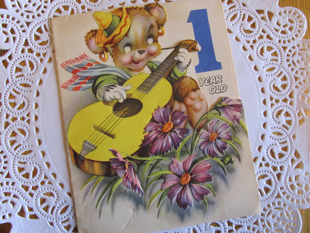 Vintage 1st Birthday Card: Guitar-playing Bear, Mexican Serape, 1950s ...