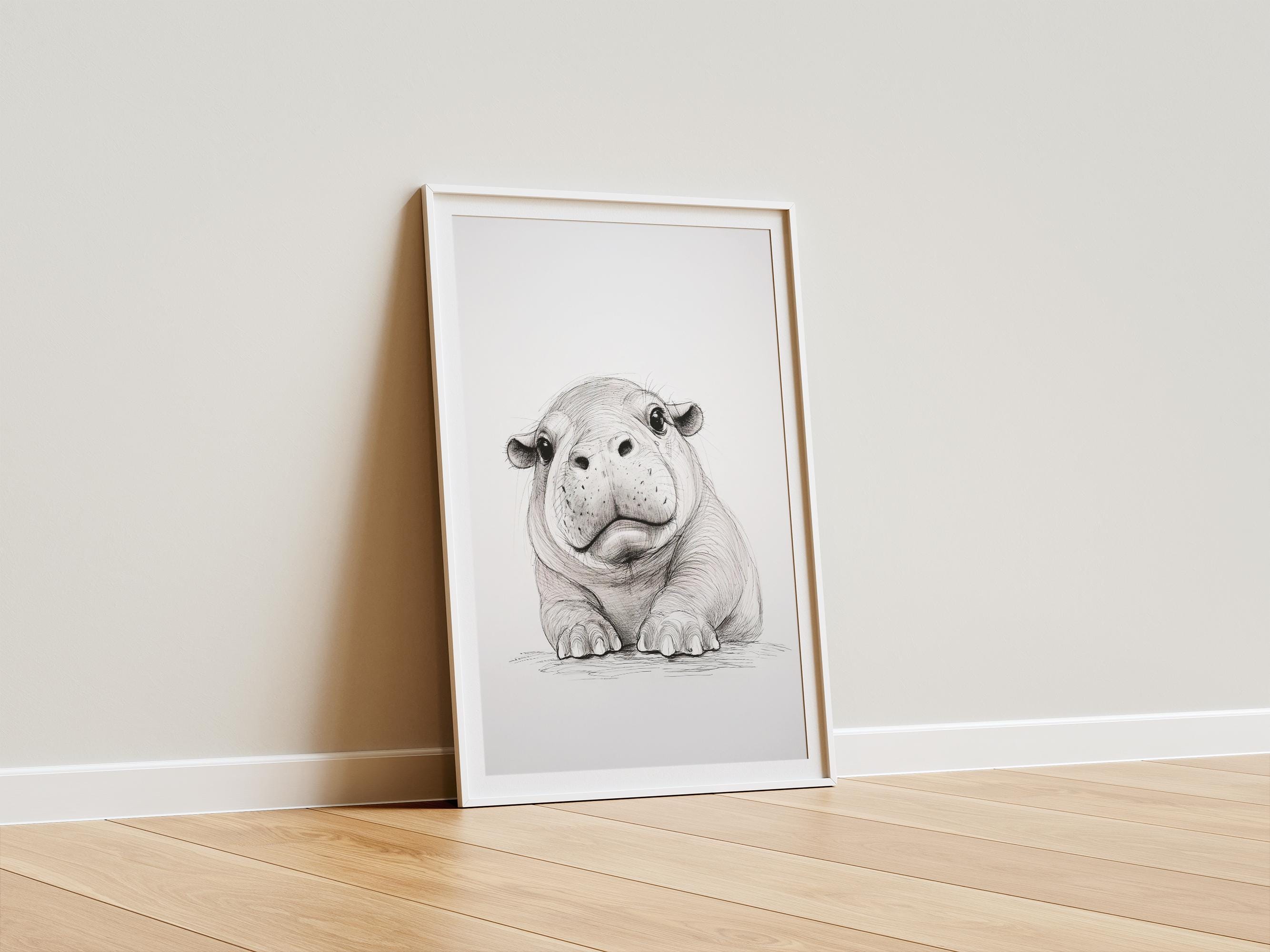 Moo Deng Sketch Art Print | Baby Hippo Pencil Drawing | Black and White ...