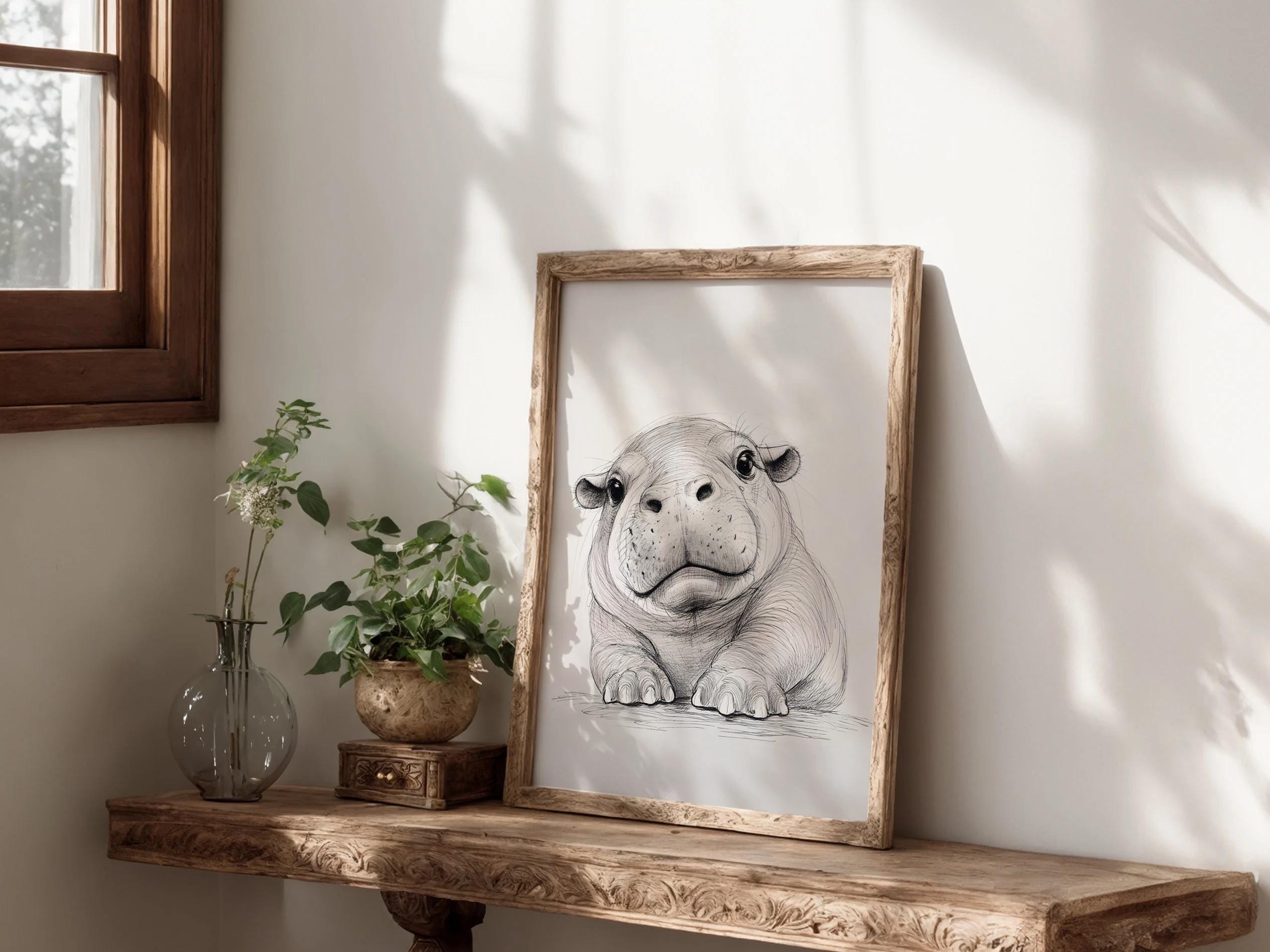 Moo Deng Sketch Art Print | Baby Hippo Pencil Drawing | Black and White ...