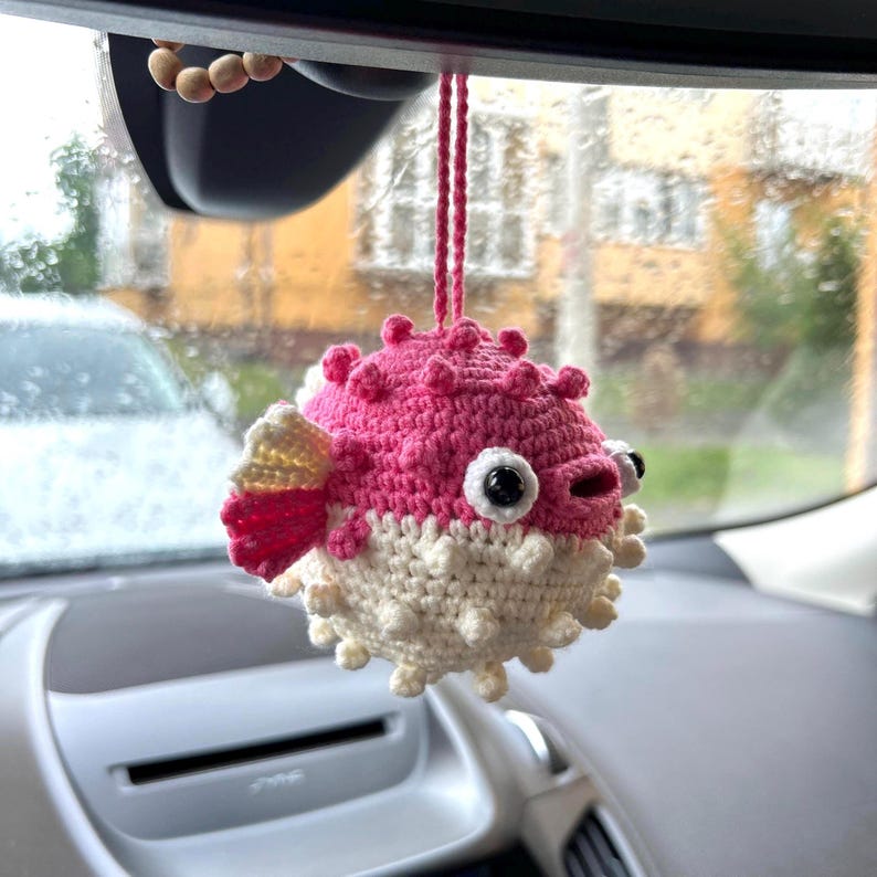 Handmade Crochet Puffer Fish Car Mirror Charm | Cute Amigurumi Plush ...
