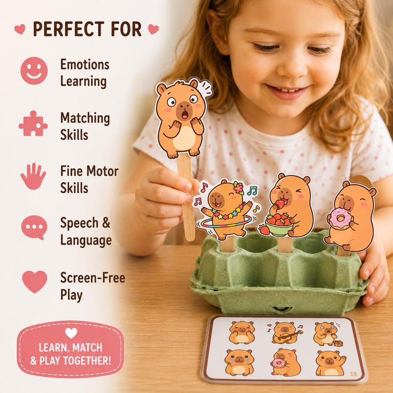 Cute Capybara Printable Game | Emotions Matching Cards & Puppets ...
