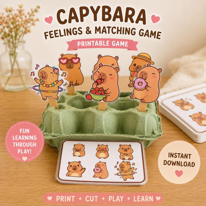 Capybara Feelings Matching Game | Preschool Learning Activity (digital ...