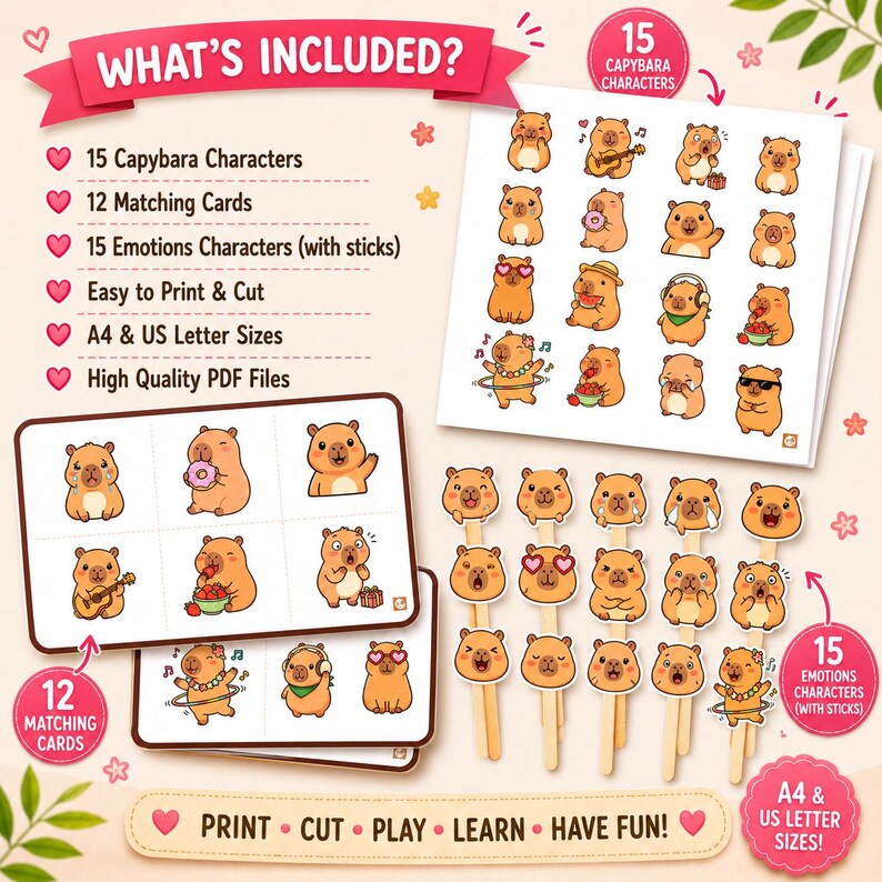 Cute Capybara Printable Game | Emotions Matching Cards & Puppets ...