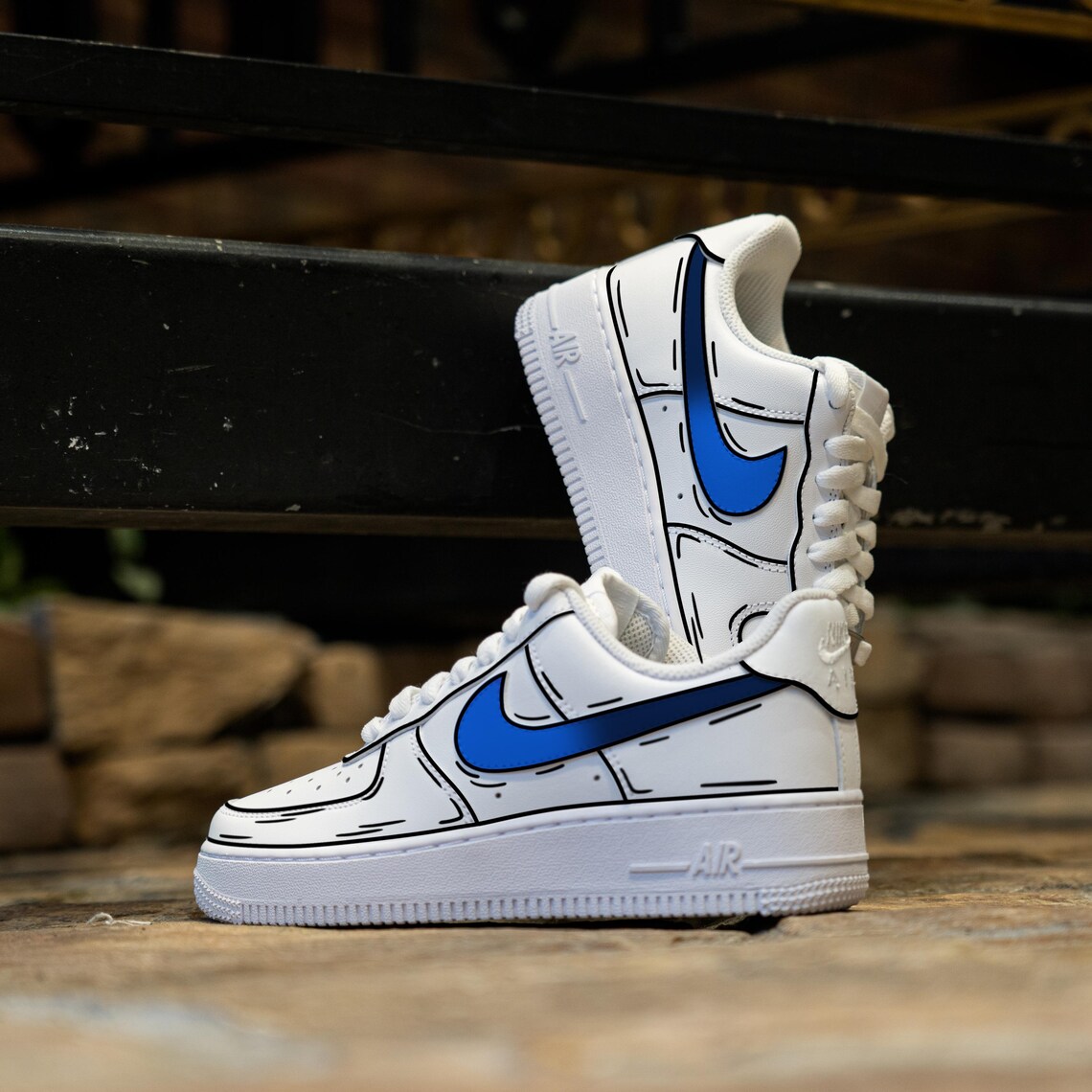 Custom Blue Black Gradient Air Force 1 Hand Painted Black Cartoon Line ...
