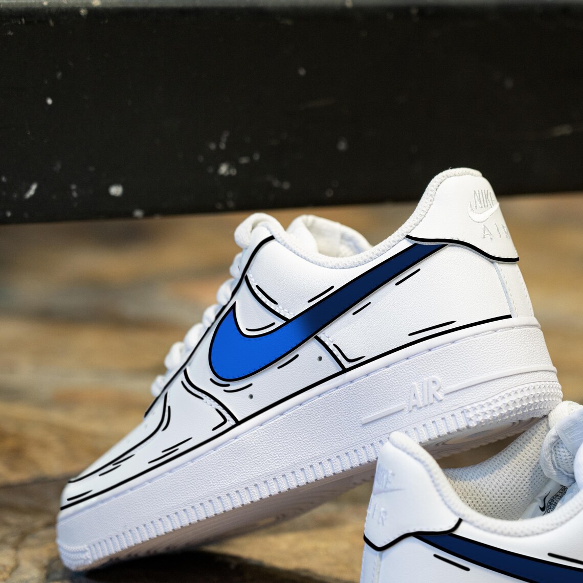 Custom Blue Black Gradient Air Force 1 Hand Painted Black Cartoon Line ...