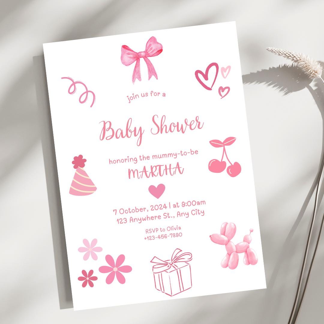 EDITABLE Pretty Pink Baby Shower Invitation Template, Pink Baby Shower ...