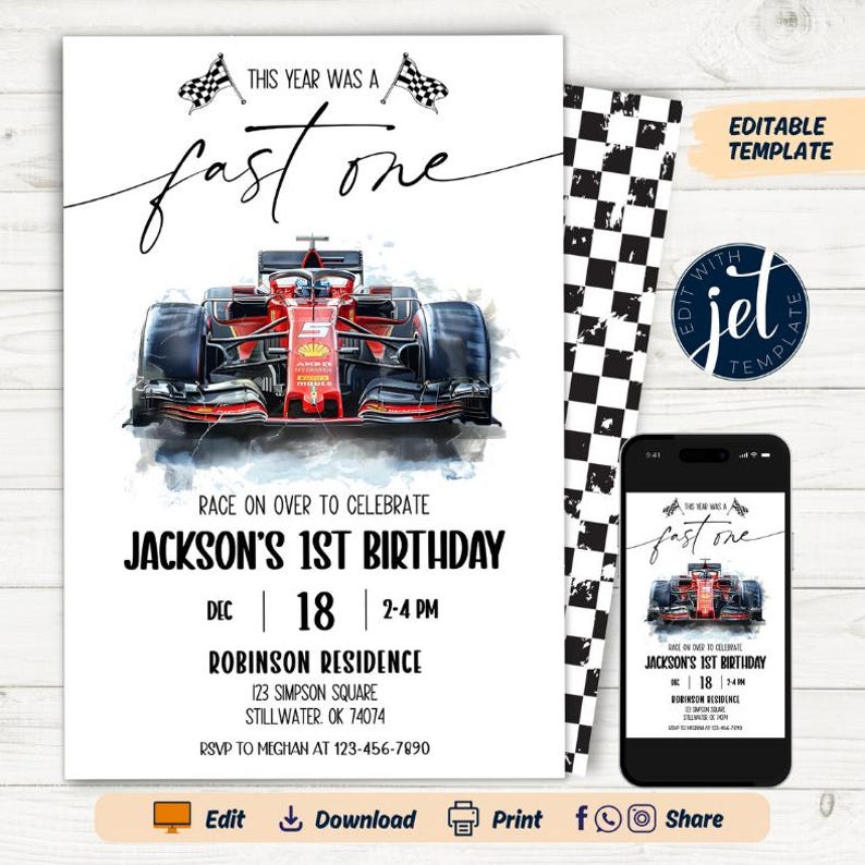 Editable Fast One Birthday Invitation, Racing Car Invitation, Race Car ...