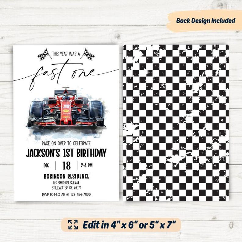Editable Fast One Birthday Invitation, Racing Car Invitation, Race Car ...