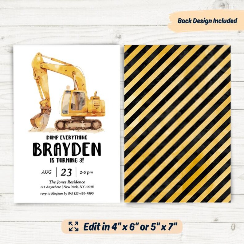 Editable Excavator Birthday Invitation, Construction Birthday Party ...