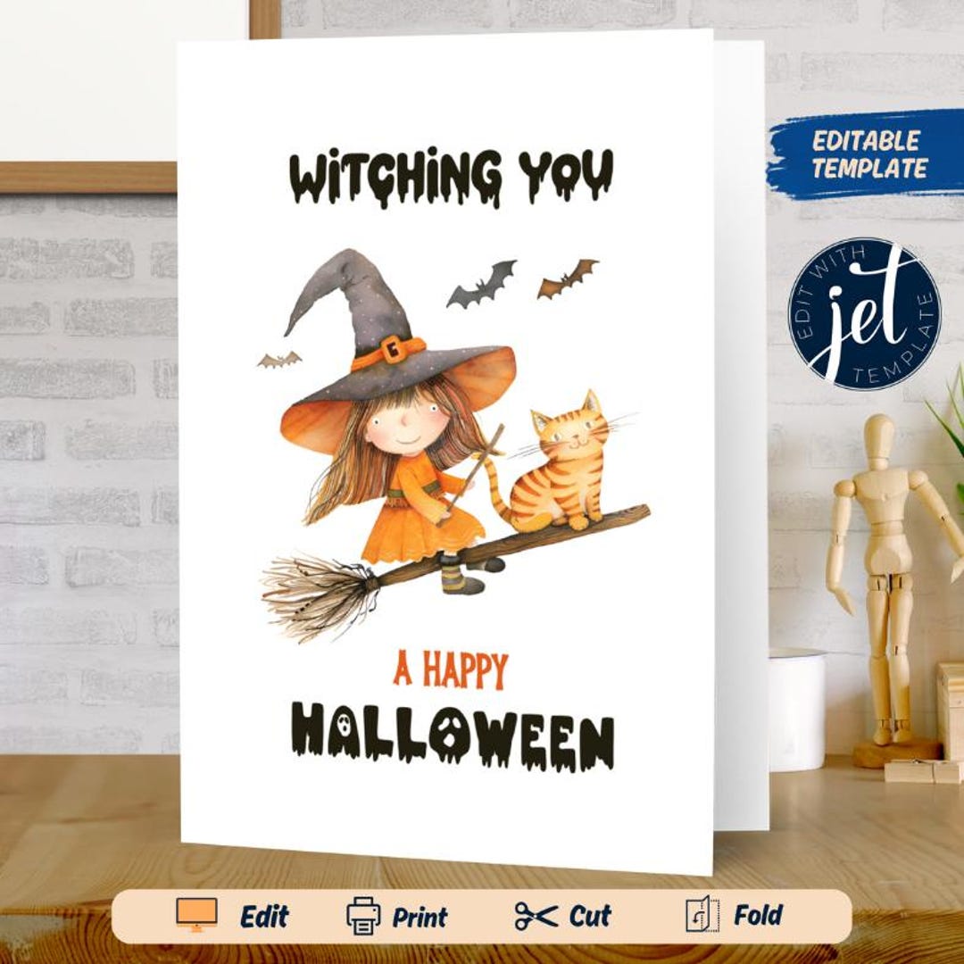 Editable Witching You Halloween Greeting Card, Halloween Greeting Card ...