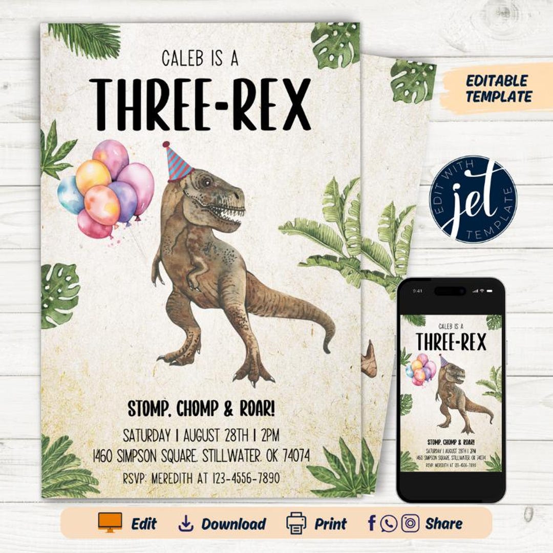 Editable Three-rex Birthday Invitation, T-rex Birthday Party Invitation ...
