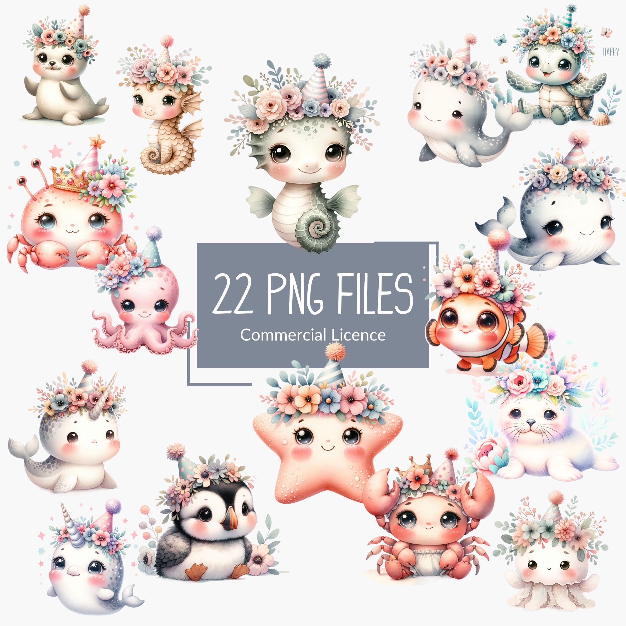 Cute Ocean Animal Birthday Clipart, Watercolor Sea Animals, Party PNG ...
