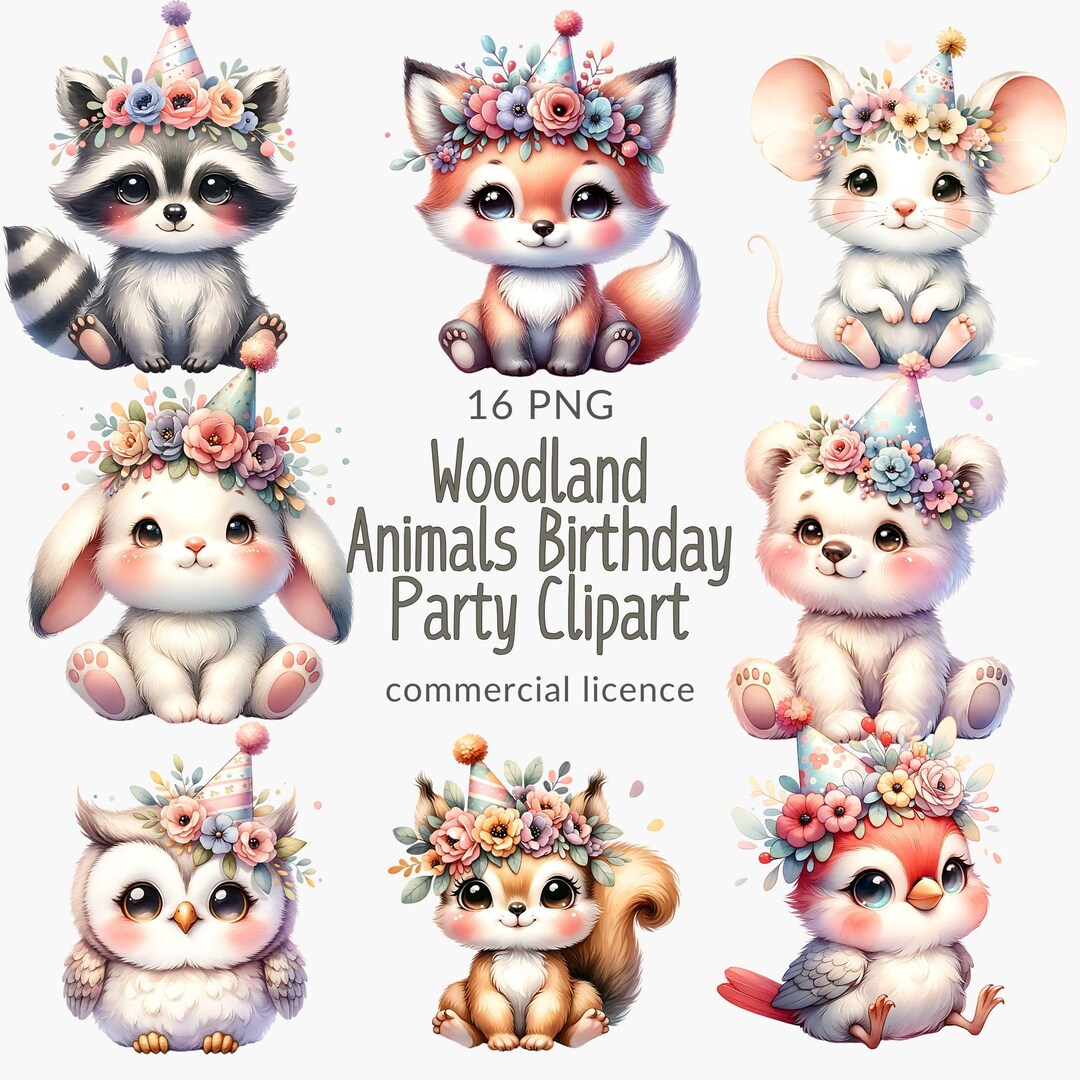 Cute Animal Birthday Party Clipart, Watercolor Clipart, Kids Party PNG ...