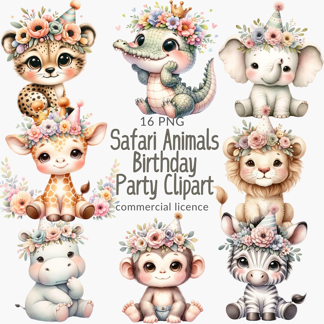 Cute Animal Birthday Party Clipart, Watercolor PNG, Kids Party PNG ...