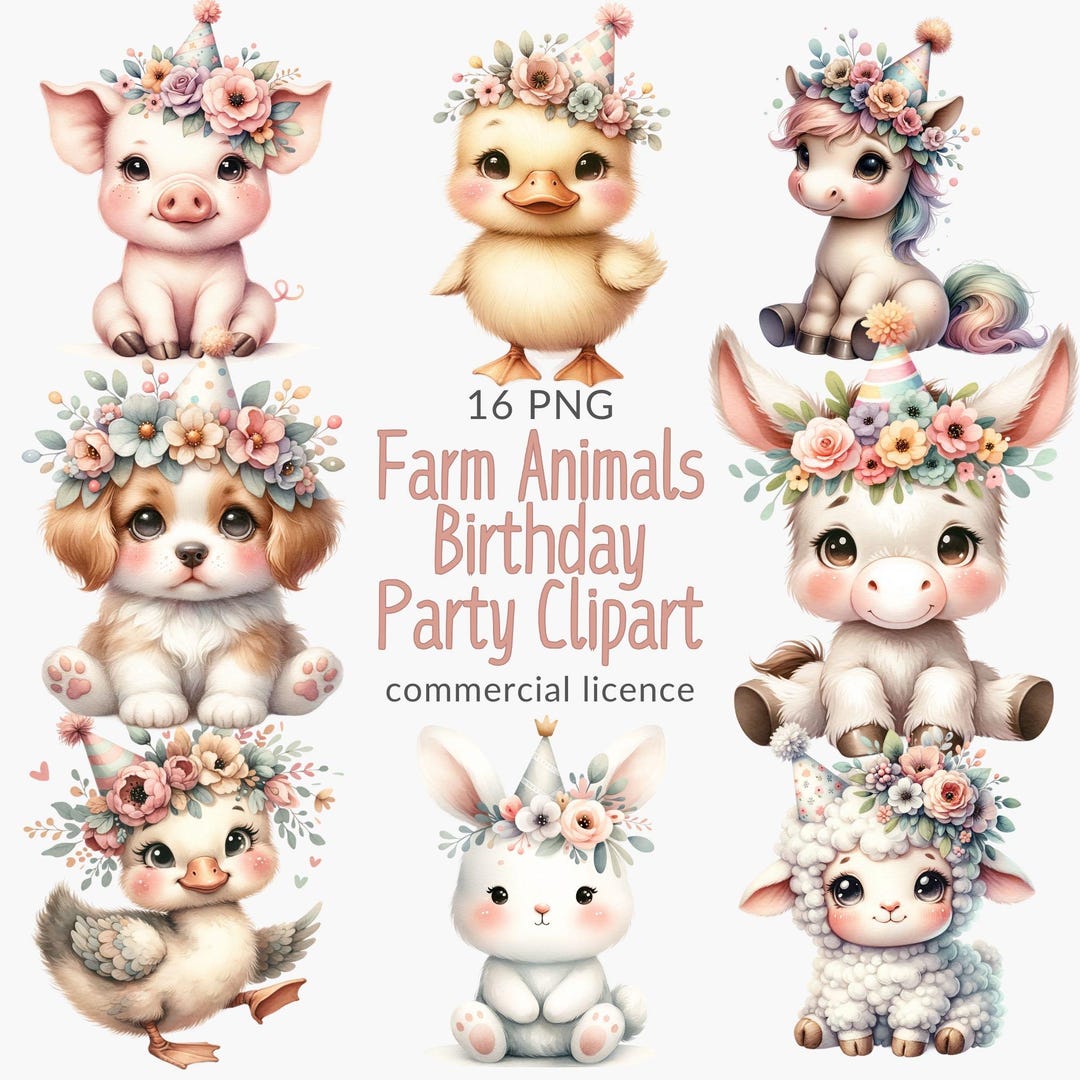 Cute Farm Animal Birthday Party Clipart, Watercolor Animals PNG, Kids ...