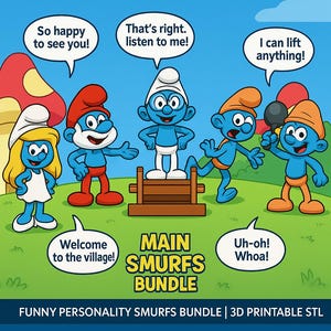 Main Smurfs 3D Model STL Bundle –5 Characters – Papa, Smurfette, Brainy ...