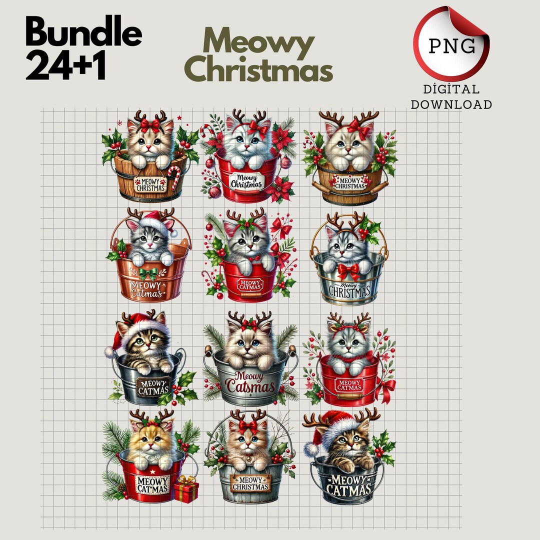 24+1 Meowy Christmas Bundle Digital Design PNG File for Sublimation ...
