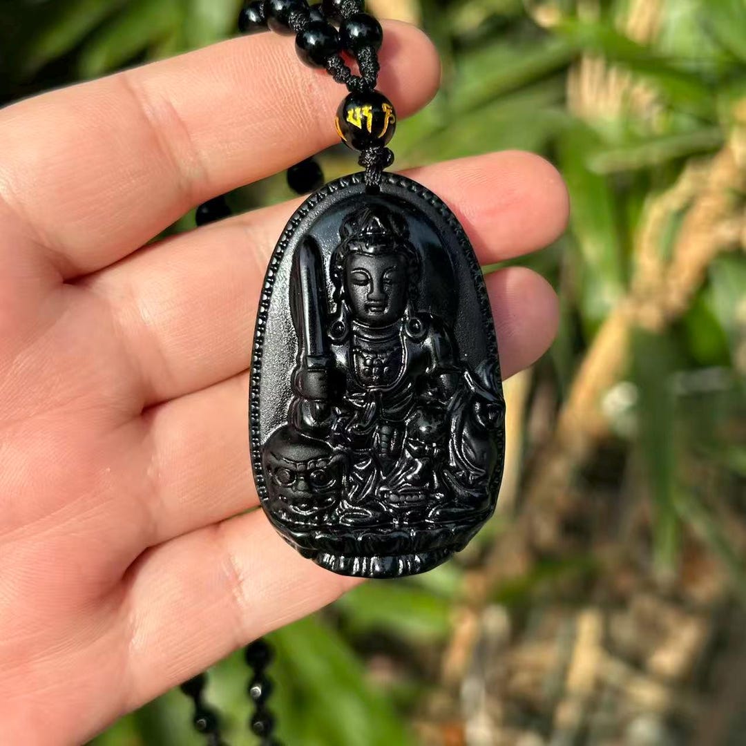 Vintage Tibetan Obsidian Buddha Pendant Necklace, Meditation Mala Beads ...