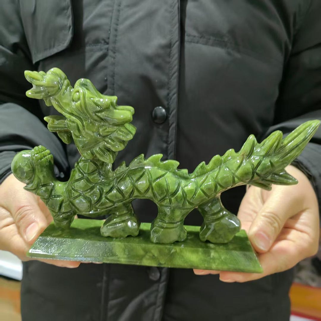 Natural Green Jade Dragon Statue, Fengshui Dragon Figure, Stone Hand ...
