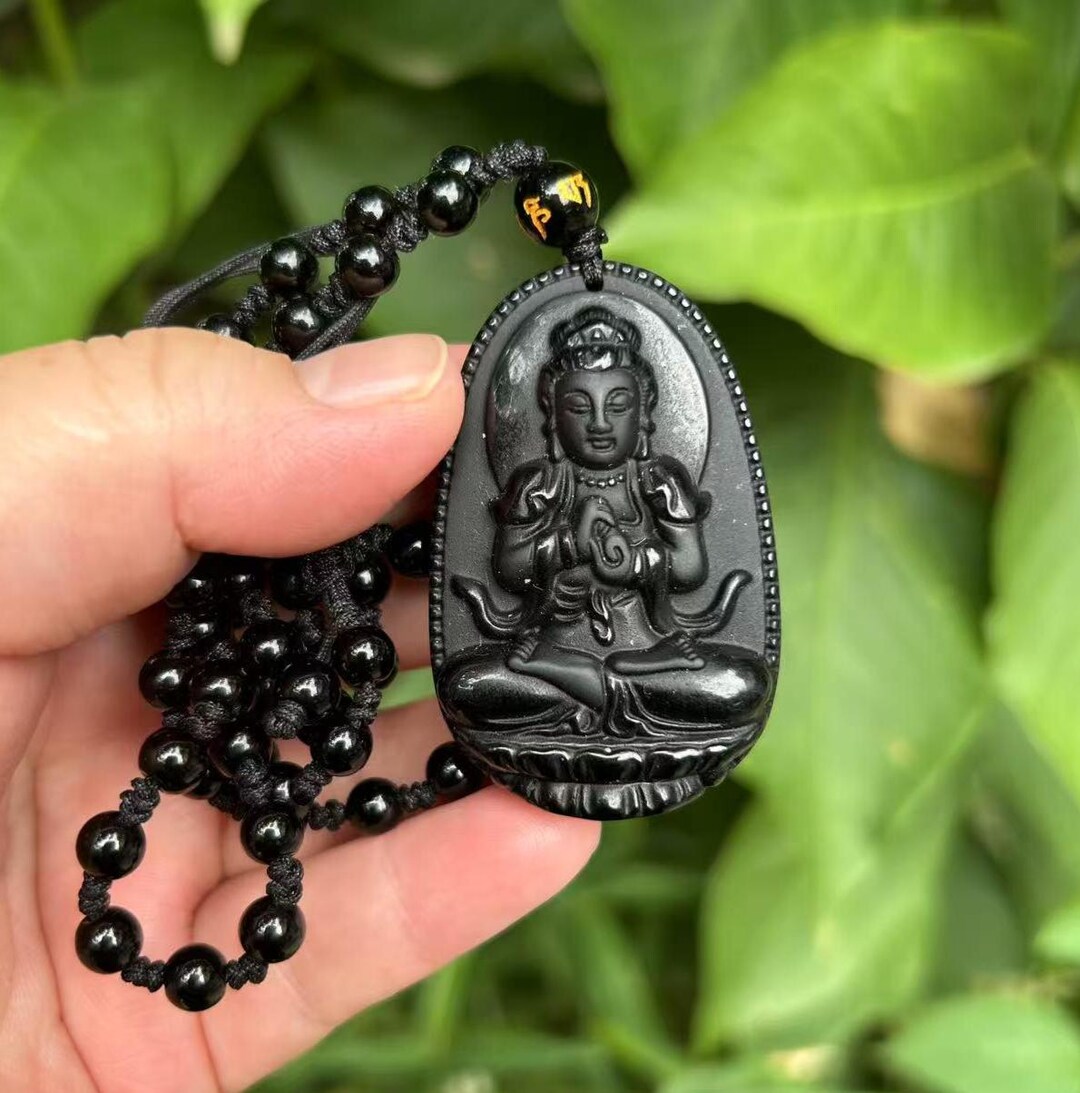 Obsidian Buddha Pendant Necklace, Tibetan Rosary Mala, Meditation Beads ...