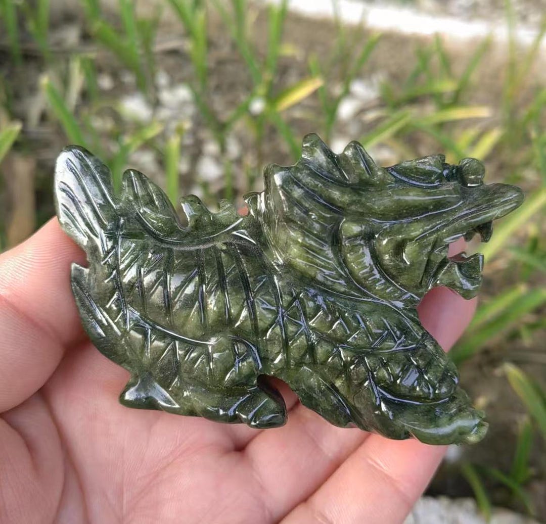 Natural Green Jade Dragon Statue, Fengshui Dragon Figure, Stone Hand ...