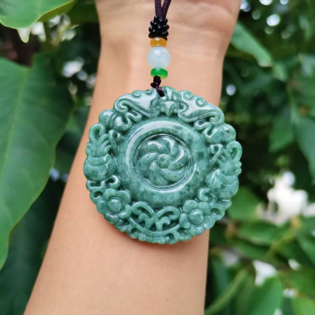Natural Jadeite Hollow Pendant Longevity Blessing Plaque Necklace for ...