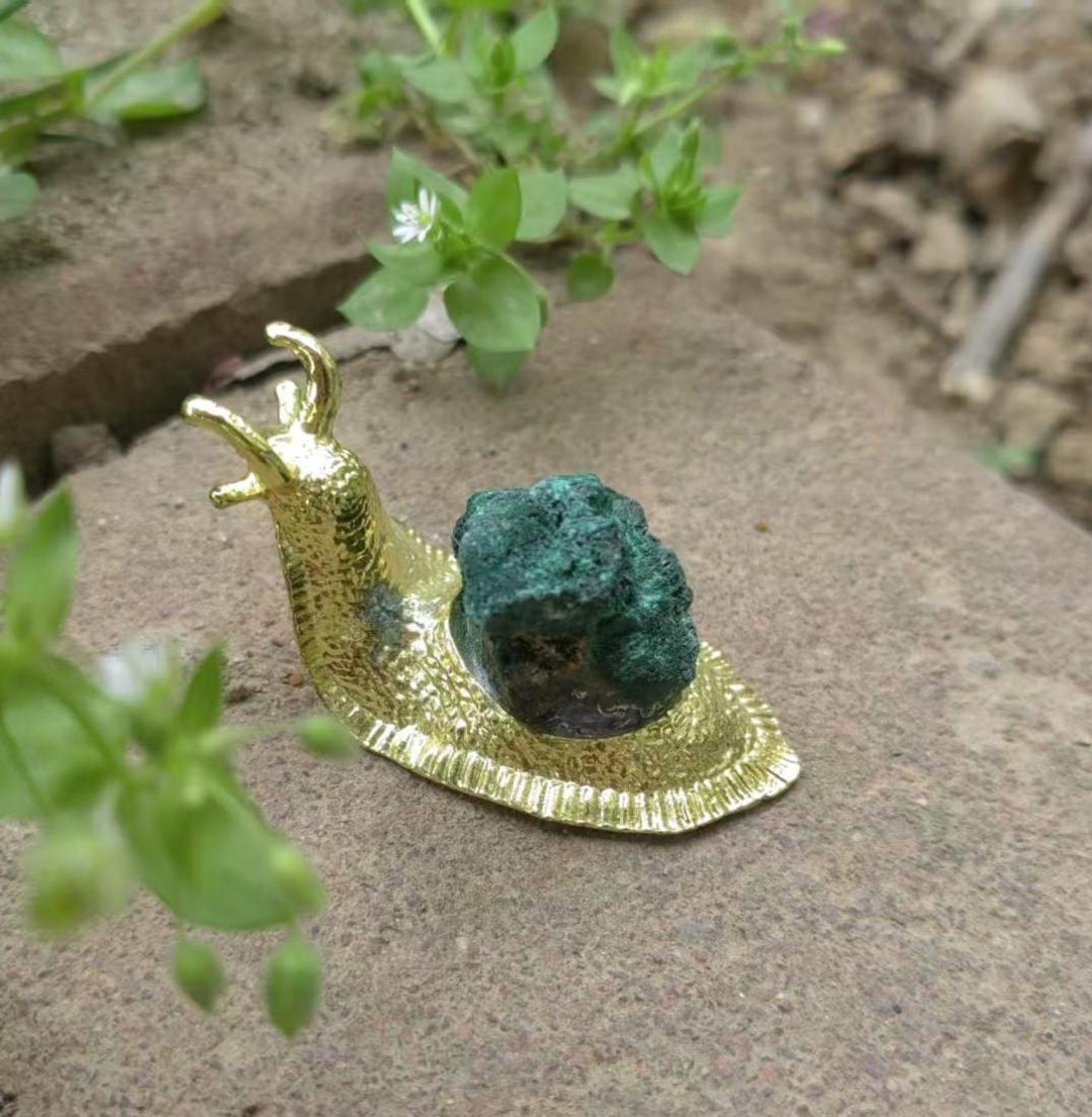 Golden Alloy Snail Carrying Green Crystal Mineral, Natural Quartz ...
