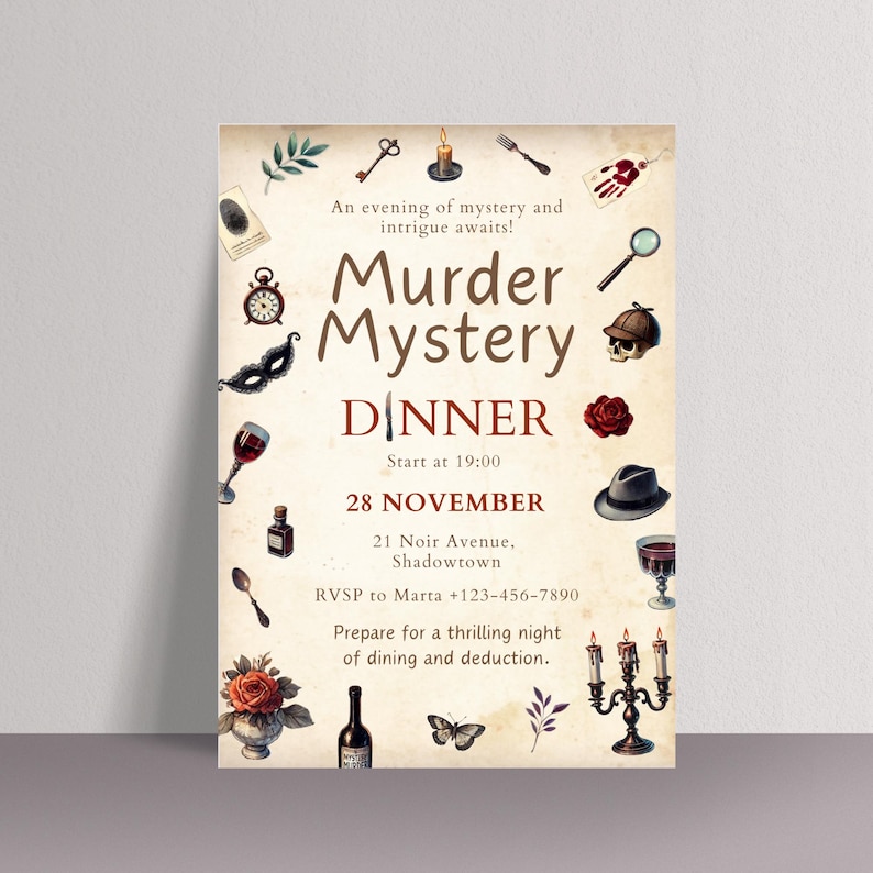 Murder Mystery Dinner Printable Party Template: Invitations, Menu, and Table Name Cards for a ...