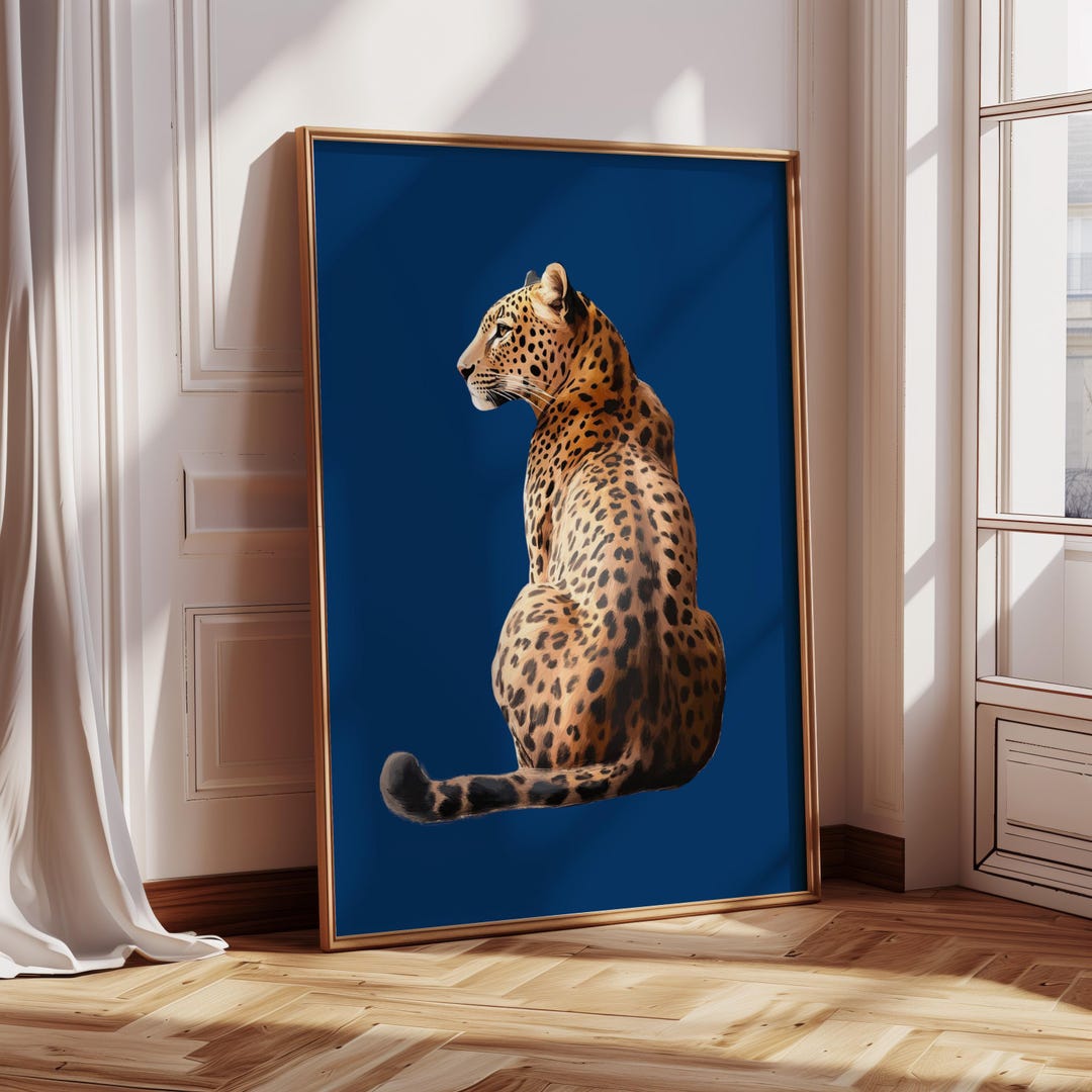 Navy Blue Leopard Print Wall Art Cheetah Print Retro Wall Decor Digital ...