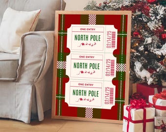 North Pole Ticket Print - Red Christmas Wall Art, Christmas Decor Retro ...