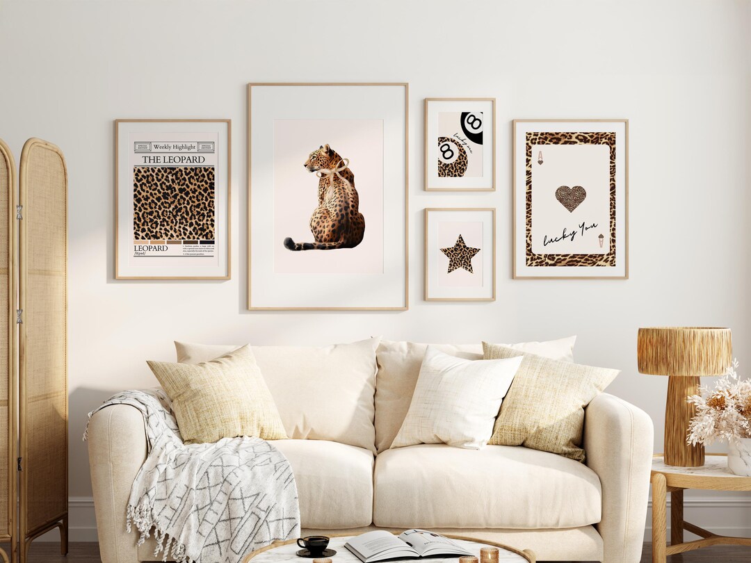 Set of 5 Leopard Wall Art Cheetah Print Lucky 8 Pool Ball Poster Lucky ...
