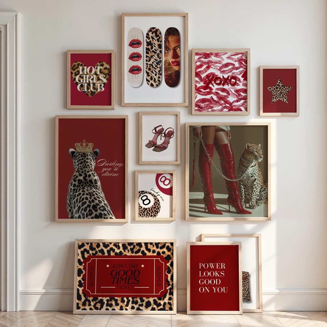 Retro Girly Wall Gallery, Red Leopard Fashion Wall Art Bundle, Trendy ...