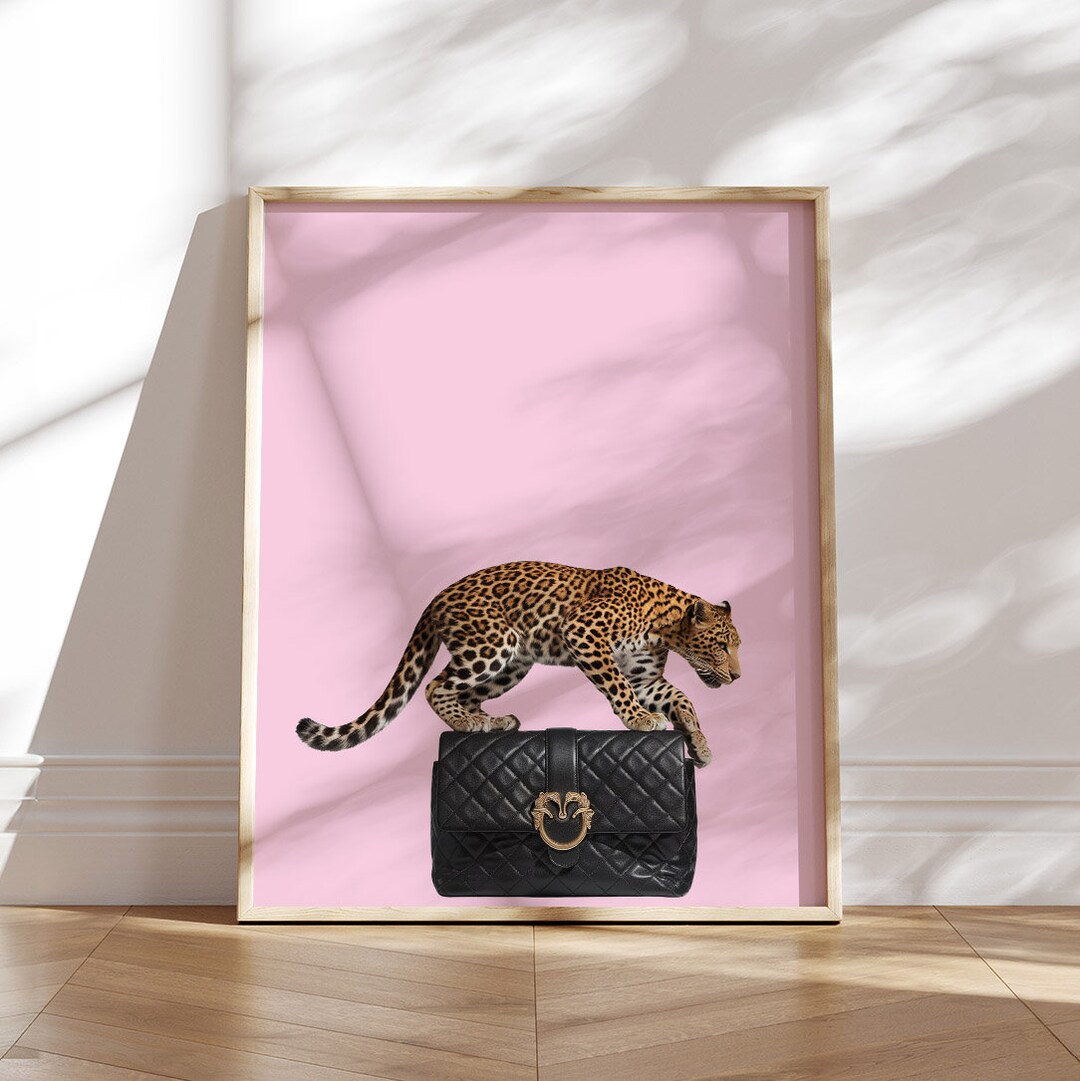 Trendy Pink Chic Leopard Designer Bag Poster Bedroom Wall Art Cheetah ...