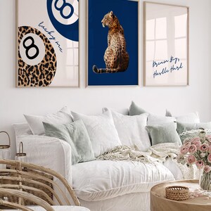 Navy Blue Set of 3 Leopard Wall Art Cheetah Animal Print 8 Ball Lucky ...