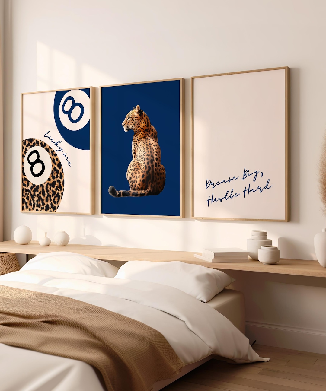 Navy Blue Set of 3 Leopard Wall Art Cheetah Animal Print 8 Ball Lucky ...