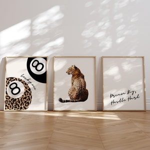 Set of 3 Leopard Wall Art Cheetah Print Lucky 8 Pool Ball Poster Lucky ...
