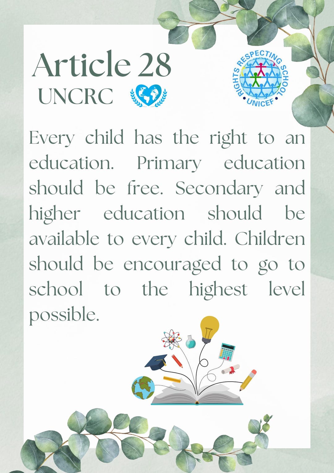 Article 28 RRS Rights Respecting School Poster Uncrc Unicef Classroom ...