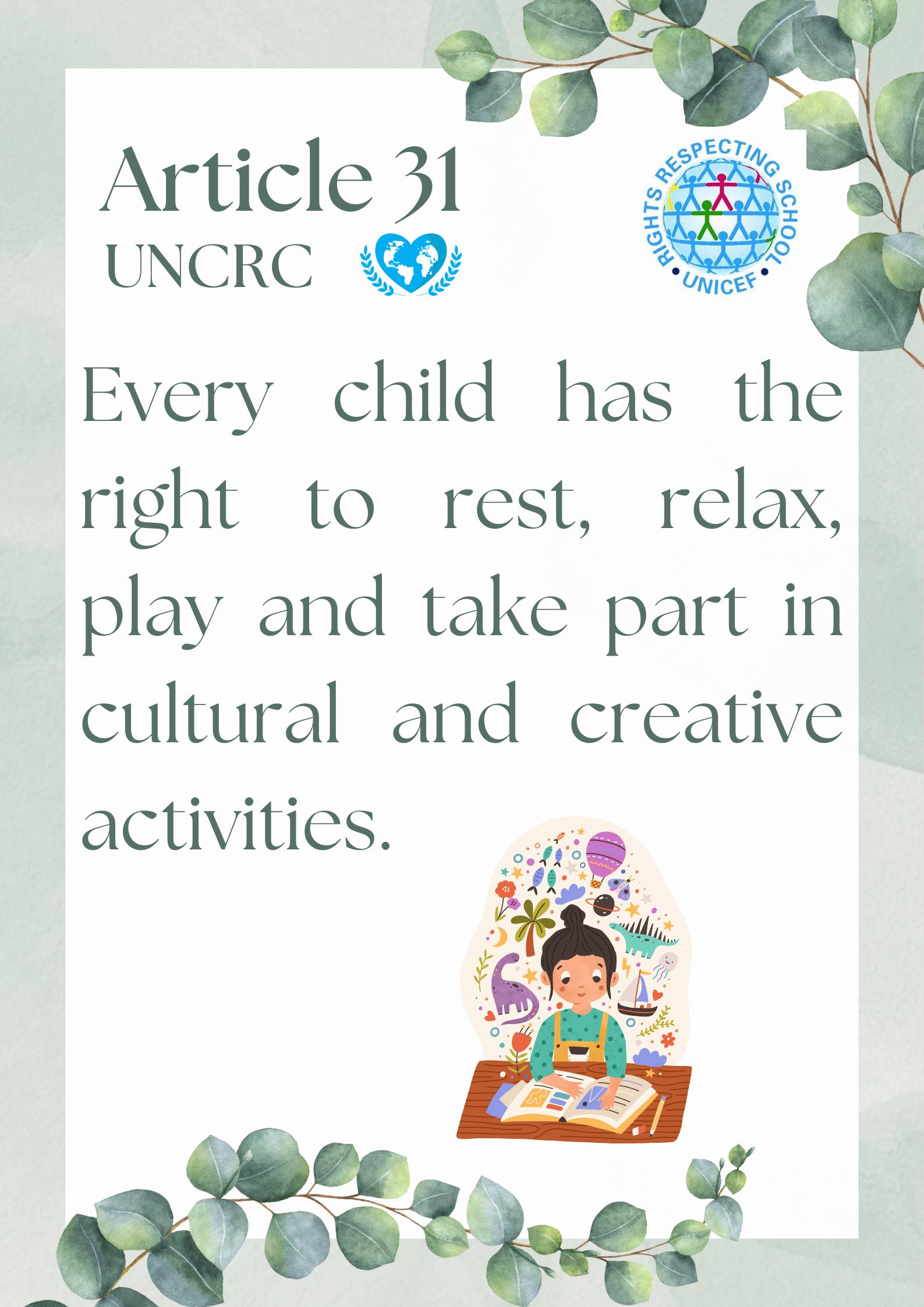 Article 31 RRS Rights Respecting School UNCRC Class Charter Unicef ...