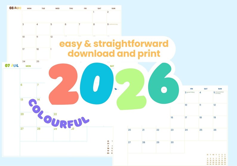 2026 Colourful Calendar Planner | Digital PDF Download & Print | Easy ...