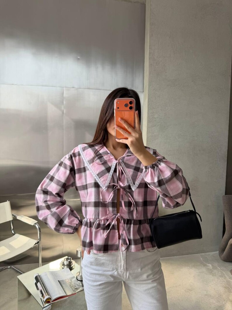 Plaid Cotton Blouse With Lace Collar, Cottagecore Top Women, Tie Front ...