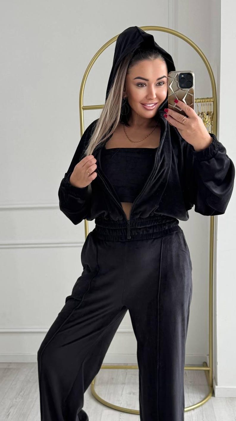 Velour 3 Piece Lounge Set Women – Cropped Hoodie, Top & Wide Leg Pants ...