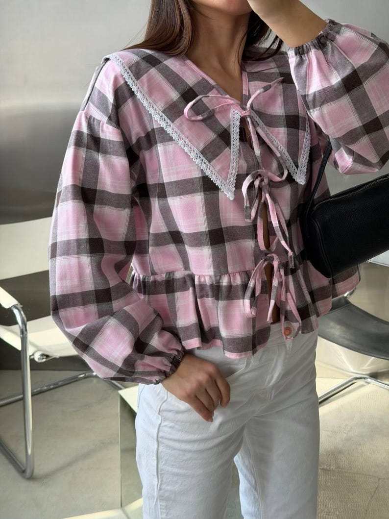 Plaid Cotton Blouse With Lace Collar, Cottagecore Top Women, Tie Front ...